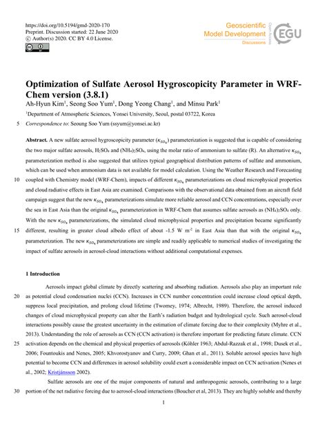 Pdf Optimization Of Sulfate Aerosol Hygroscopicity Parameter In Wrf Chem Version 381
