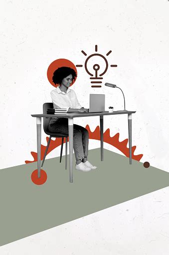 복합 트렌드 삽화 스케치 이미지 콜라주 사무실 관리자 톱니 바퀴 작업 공간 젊은 아가씨 앉아 안락 의자 작업 휴대용 퍼스널 컴퓨터 아이디어 램프 테이블 20 24세에 대한