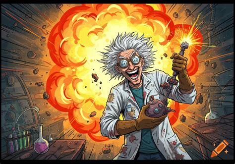 Comic Illustration Of A Mad Scientist Cackling Amidst A Large Explosion