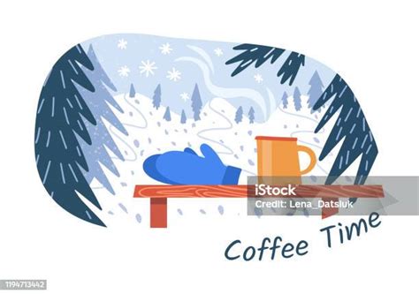 등산객 스키어 및 스노우 보더를위한 커피 시간 벡터 스티커 커피의 향기와 숲이있는 겨울 산의 전망 스키 리조트 개념입니다 겨울에 대한 스톡 벡터 아트 및 기타 이미지