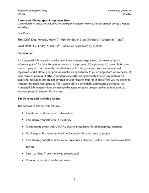 Annotated Bibliography Assignment Sheet And Rubric Sp 22 En 102 Sp 2022 Annotated Bibliography