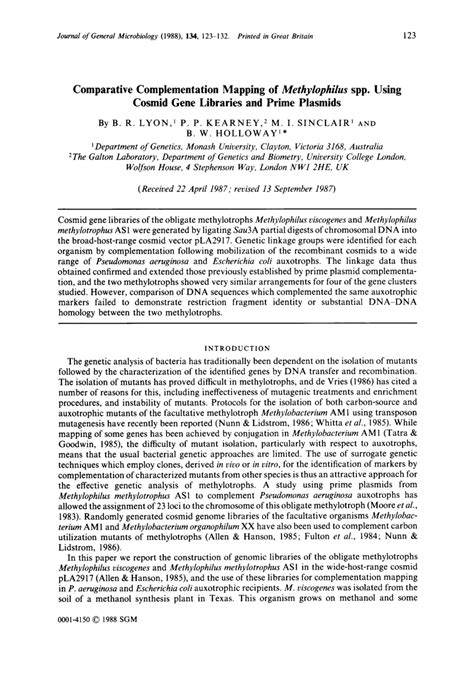 Pdf Comparative Complementation Mapping Of Methylophilus Spp Using