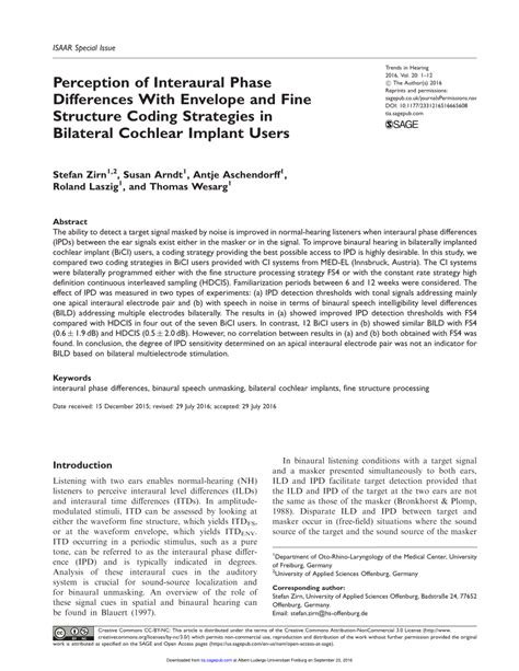 Pdf Perception Of Interaural Phase Differences With Envelope And Fine