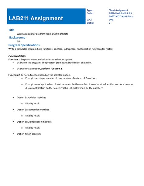 J1sp0074 Assignments Lab211 Assignment Type Short Assignment Code