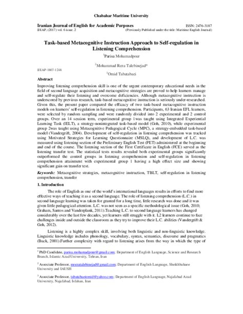 pdf task based metacognitive instruction approach to self regulation