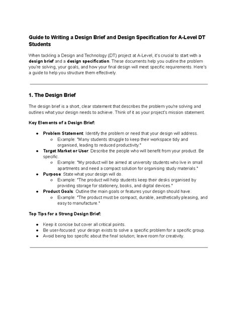 A Level DT Writing A Design Brief Specification Guide Studocu