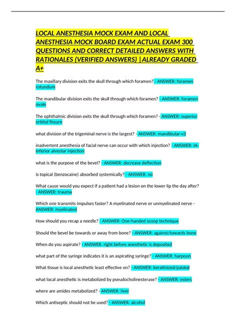 Local Anesthesia Mock Exam And Local Anesthesia Mock Board Exam Actual Exam 300 Questions And