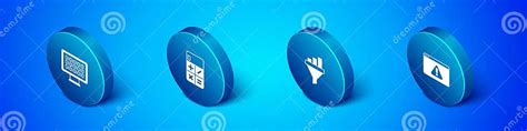 set isometric binary code sales funnel with chart browser exclamation