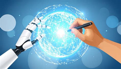Human And Robot Hands Co Create A Luminous Digital Network Symbolizing Collaborative Innovation