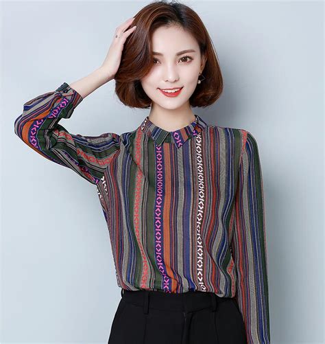 여성을위한 우아한 블라우스 셔츠 스트라이프 셔츠 2017 가을 여성 쉬폰 블라우스 새로운 탑 한국 스타일 슬림 쉬폰 셔츠