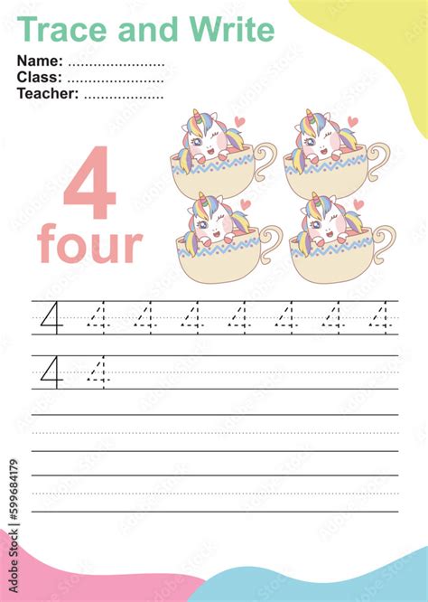Stockvektorbilden Number Four Tracing Practice Worksheet With Four Kawaii Unicorn Character For