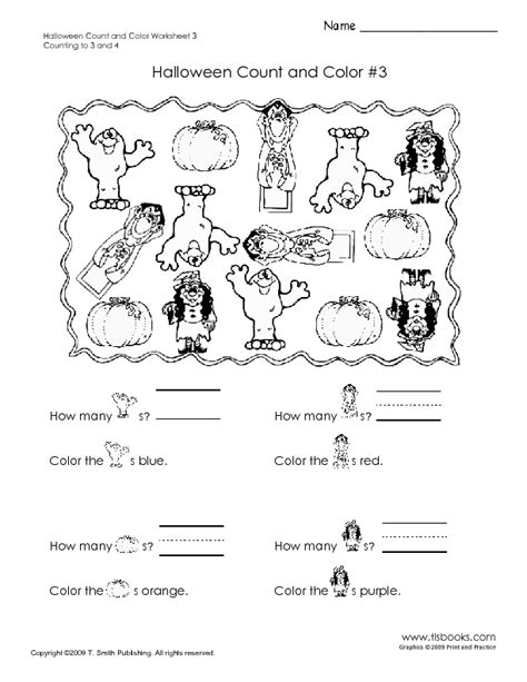 Halloween Count And Color 3 Worksheet For Pre K 1st Grade Lesson