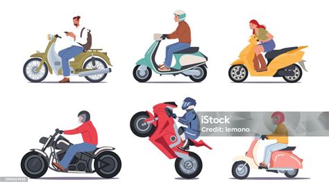 오토바이 라이더 세트는 모터 바이크를 운전하는 헬멧 오토바이를 타는 바이커 캐릭터 또는 흰색에 고립 된 스쿠터를 착용합니다