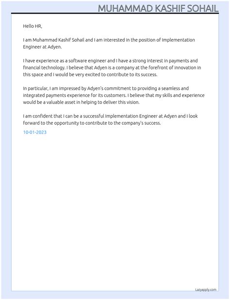 Cover Letter For Implementation Engineer Lazyapply