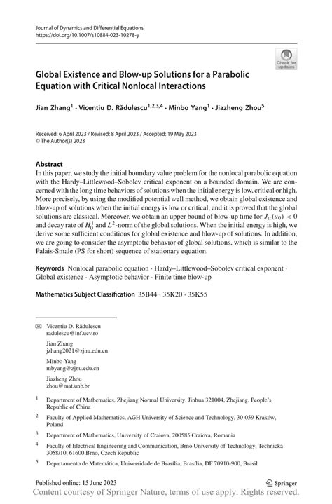 Pdf Global Existence And Blow Up Solutions For A Parabolic Equation