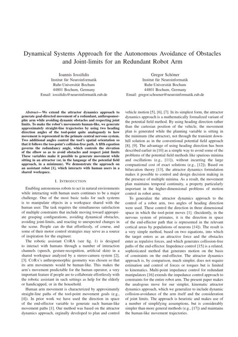 Pdf Dynamical Systems Approach For The Autonomous Avoidance Of Obstacles And Joint Limits For