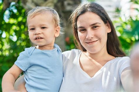 Mother And Son Smiling Confident Make Selfie By Camera At Park Stock Photo Image Of Mother