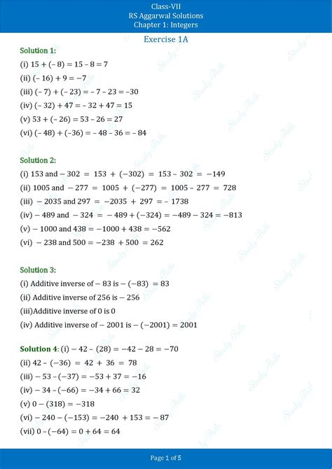 RS Aggarwal Solutions Class 7 Exercise 1A Chapter 1 Integers Study Path