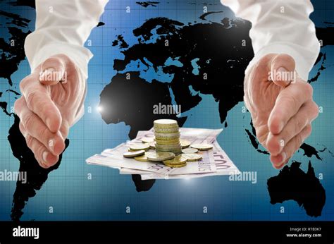 Male Hands Around Euro Coins And Banknotes With Interactive Map Of The