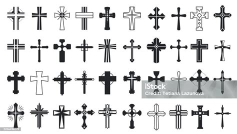 기독교 십자가 종교 십자가와 교회 십자가 처형 흑인 기독교 종교 십자가 아이콘 가톨릭 교회 모양 십자가 모양 신 거룩한 기호 벡터 격리 세트 0명에 대한 스톡 벡터 아트 및