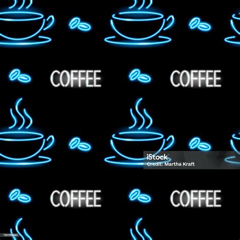 검은 배경에 커피와 커피 콩의 네온 컵과 완벽 한 패턴입니다 카페 음료 벽지에 대 한 거리 음식 개념 배경 포장 벡터 일러스트 레이 션 Eps 10 0명에 대한 스톡 벡터