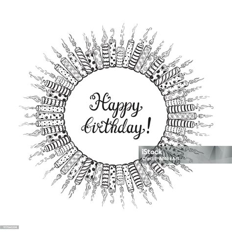 생일 인사말 카드 손으로 그린 낙서 꽃무늬 생일 레코딩 촛불 연기 붓글씨 레터링 벡터 일러스트 레이 션 개체 그룹에 대한 스톡