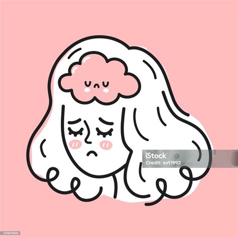 귀여운 여자 머리 와 슬픈 두뇌 내부 나쁜 분위기 정신적 정서적 상태 문제 개념에 여자 여자 벡터 핸드 그린 만화 캐릭터 일러스트 아이콘 양극성 장애 우울증 개념 아이에