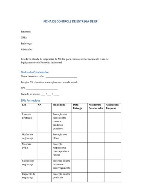 Controle De Entrega De Epi Nr 06 Pdf