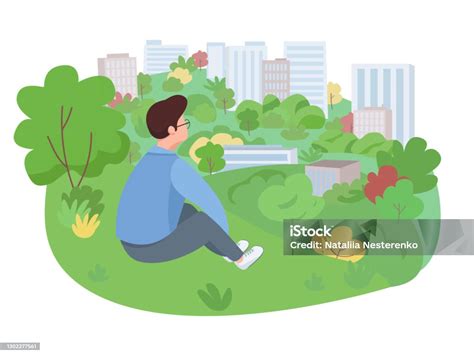 공원 세미 2d 벡터 웹 배너 포스터에서 휴식 만화 배경에 초원 플랫 캐릭터에 앉아 남자 도시 레크리에이션 외출 여름 레저 인쇄