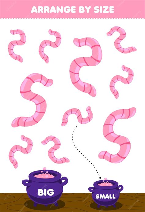 어린이를 위한 교육 게임은 크거나 작은 크기로 배열하여 귀여운 만화 핑크 웜 할로윈 인쇄용 워크시트의 가마솥에 넣습니다 프리미엄 벡터