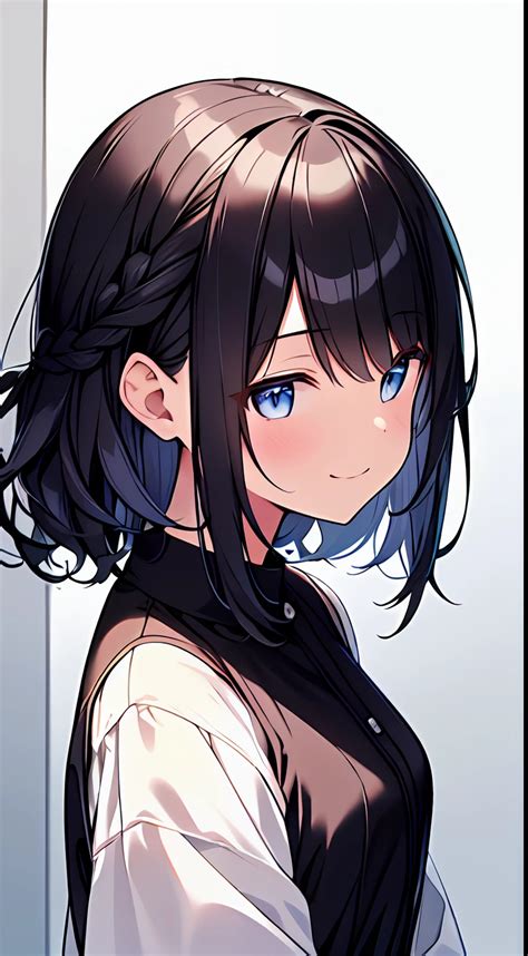 Anime Girl With Long Black Hair And Blue Eyes Looking At The Camera