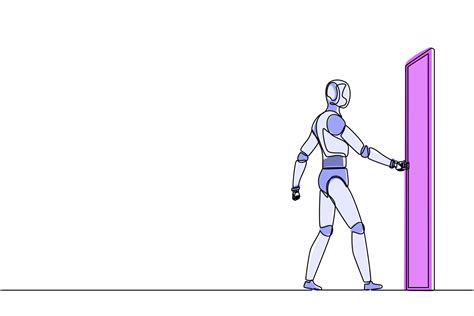 Single Continuous Line Drawing Robots Holding Door Knob And Enter Work Space Modern Robotics