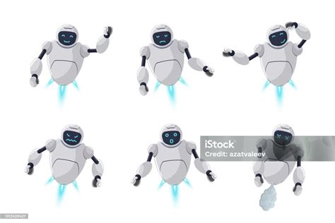 귀여운 친화적 인 로봇 캐릭터 다른 감정 세트 미래형 챗봇 마스코트 다양한 액티비티 포즈 온라인 봇 인사 미소 슬픈 악 놀라움 생각과 깨진 기술 만화 일러스트레이션 로봇에