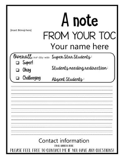 16 Free Printable Substitute Notes Templates Sample Pdf Template