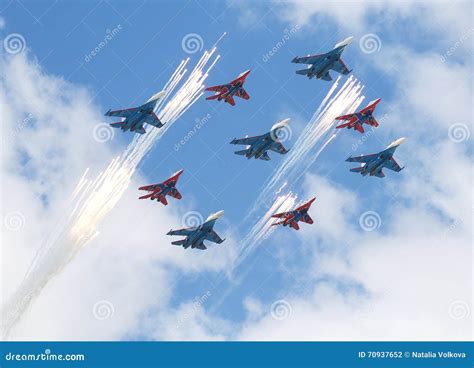Jet Fighters Do Firework At Last Rehearsal Of The Parade Dedicated To 70th Anniversary Of The