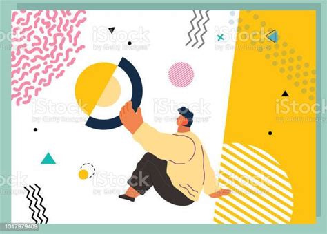 추상 원형 기하학적 모양 가상 벡터 일러스트레이션을 들고 조직하는 청년 가공의 인물에 대한 스톡 벡터 아트 및 기타 이미지