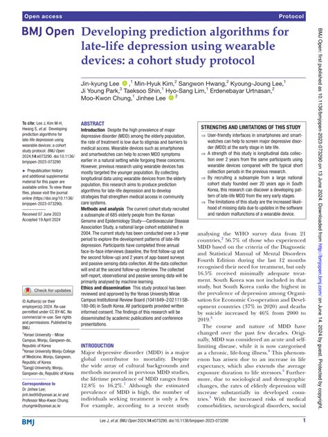 Pdf Developing Prediction Algorithms For Late Life Depression Using Wearable Devices A Cohort