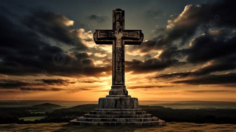 일몰 동안 언덕 꼭대기에 있는 십자가 십자가의 사진 배경 일러스트 및 사진 무료 다운로드 Pngtree