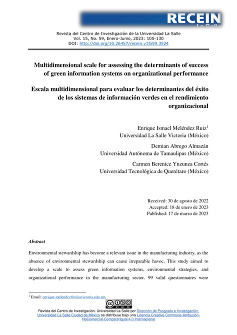 pdf multidimensional scale for assessing the determinants of success of green information
