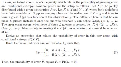 In Class We Talked About Fano S Inequality Which Chegg