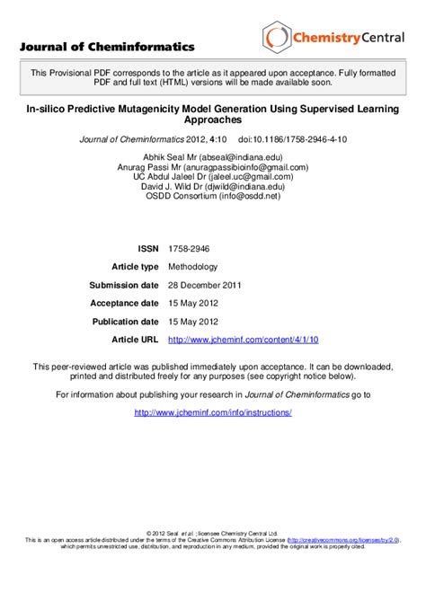 Pdf In Silico Predictive Mutagenicity Model Generation Using Supervised Learning Approaches