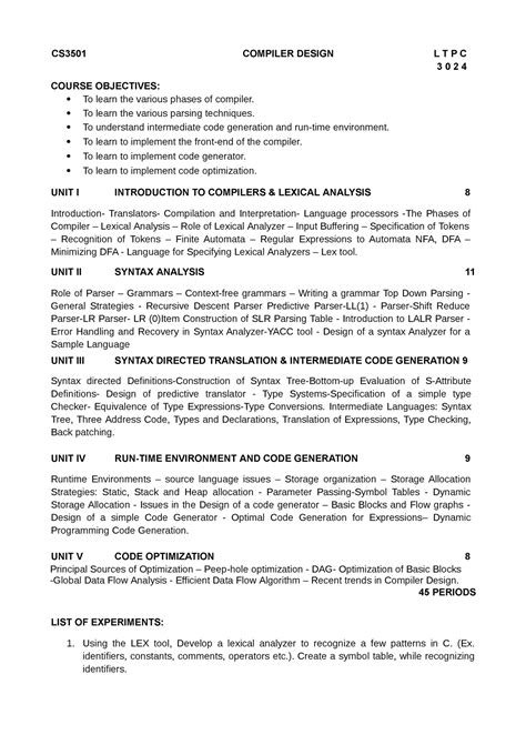 CS Compiler Design CS COMPILER DESIGN L T P C COURSE OBJECTIVES To Learn The