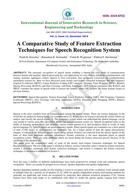 Pdf A Comparative Study Of Feature Extraction Techniques For Speech Recognition System