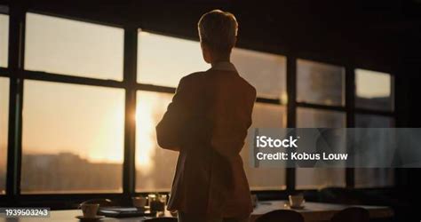 석양 창문 및 사무실에서 프로젝트를 생각하고 계획하고 브레인스토밍하는 여성의 뒷모습 결정 선택 및 저녁에 직장에서 기억 또는 반성을 가진 전문 여성 전진 방향에 대한 스톡