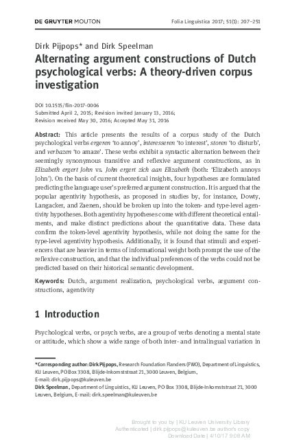 Pdf Alternating Argument Constructions Of Dutch Psychological Verbs A Theory Driven Corpus