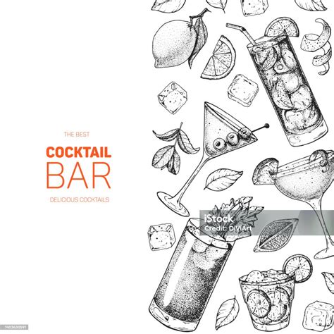 손으로 그린 칵테일 벡터 일러스트레이션 알콜 칵테일 스케치 세트 새겨진 스타일 바에 대한 디자인 템플릿 피 묻은 메리 마른