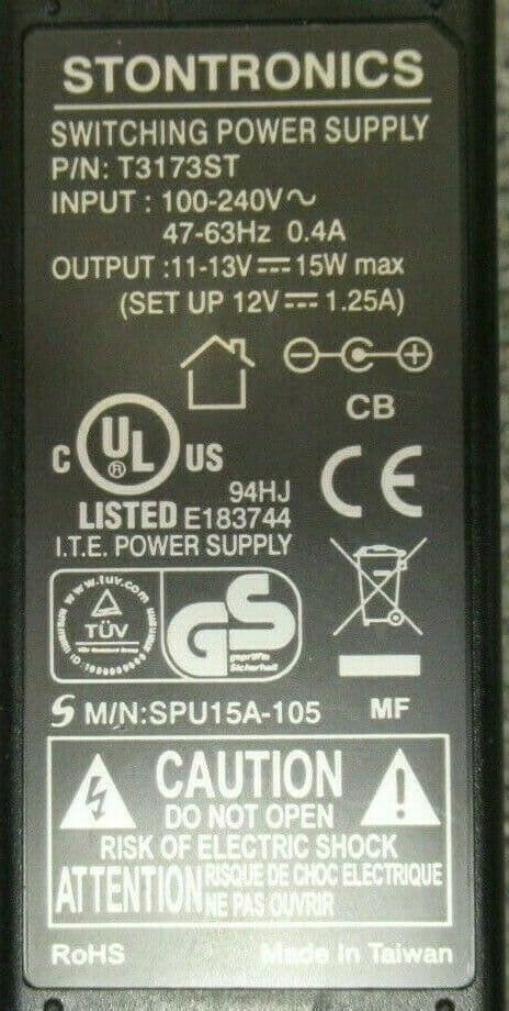 Stontronics T3173st Spu15a 105 Switching Ac Power Adapter 12v 1 25a 15w Stontronics T3173st Spu15a 105 Switching Ac Power Adapter 12v 1 25a 15w