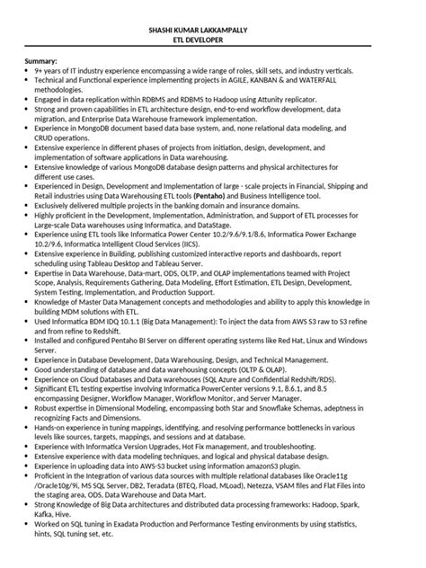Shashi Etl Developer Pdf Data Warehouse Databases