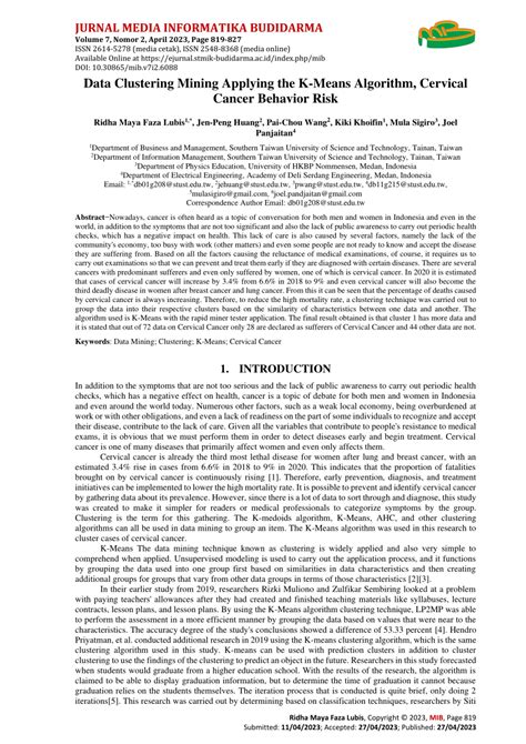 pdf data clustering mining applying the k means algorithm cervical