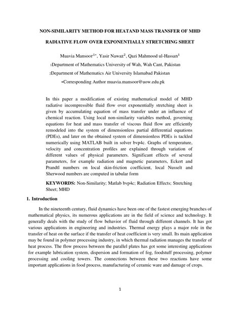 Pdf Non Similarity Method For Heat And Mass Transfer Of Mhd Radiative Flow Over Exponentially